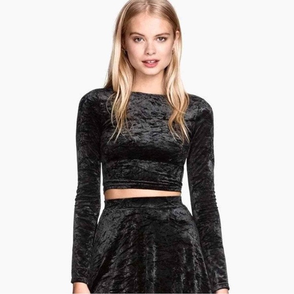H&M | Tops | Hm Womens Velvet Long Sleeve Cropped Top | Poshmark